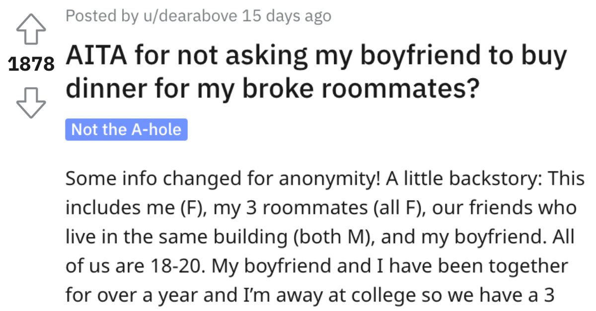 Woman Asks If Shes A Jerk For Not Making Sure Her Broke Roommates Ate